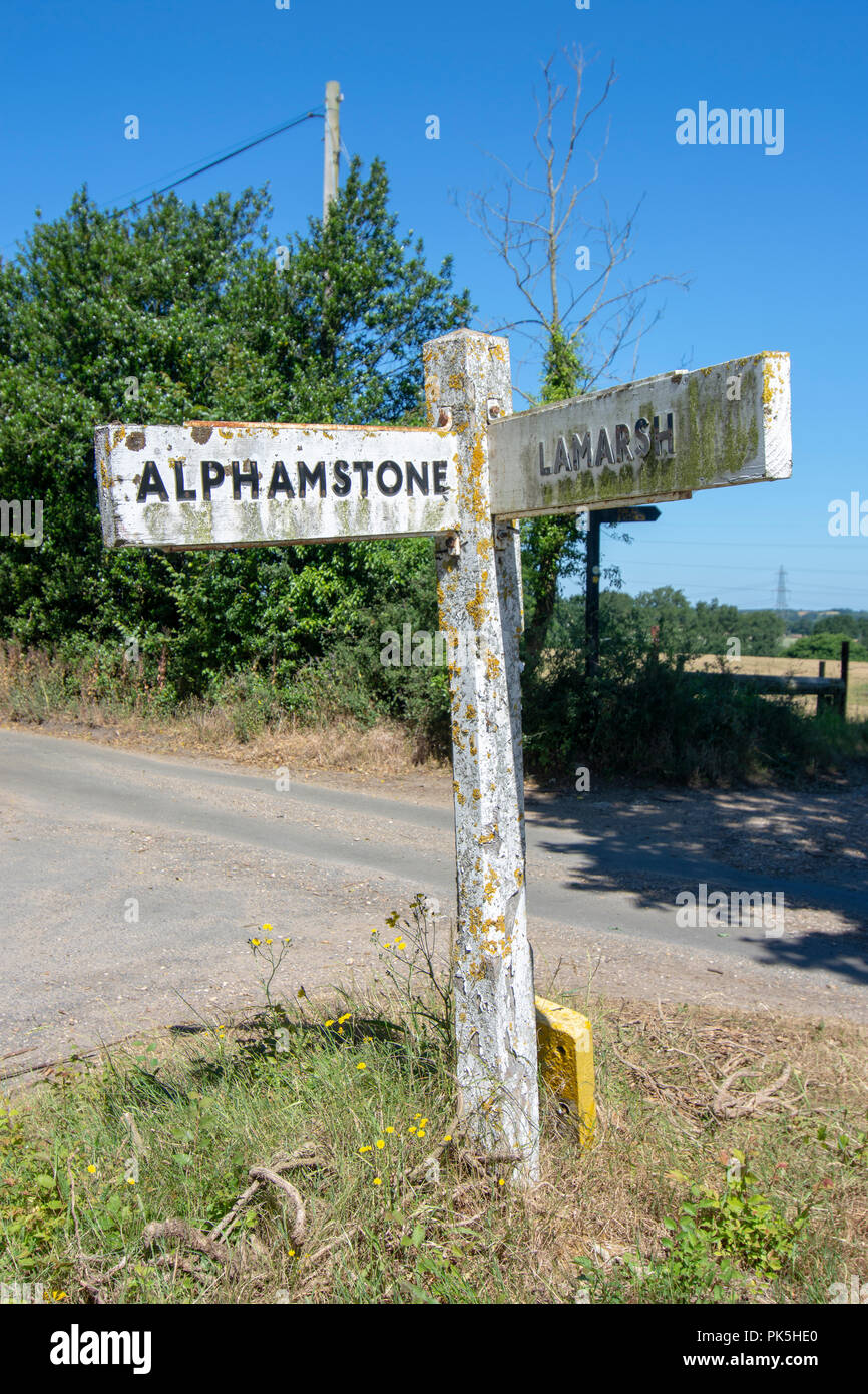 Old road sign for Alphamstone, Lamarsh and Twinstead Stock Photo - Alamy