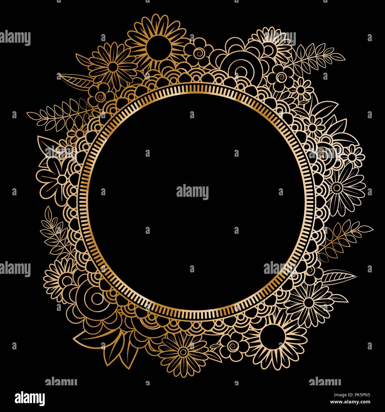 Golden floral frame template. Flowers and plants round frame. Design ...