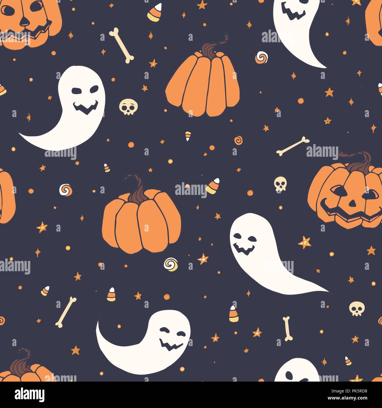 Vector Halloween repeat pattern with pumpkins, ghosts with scary faces ...