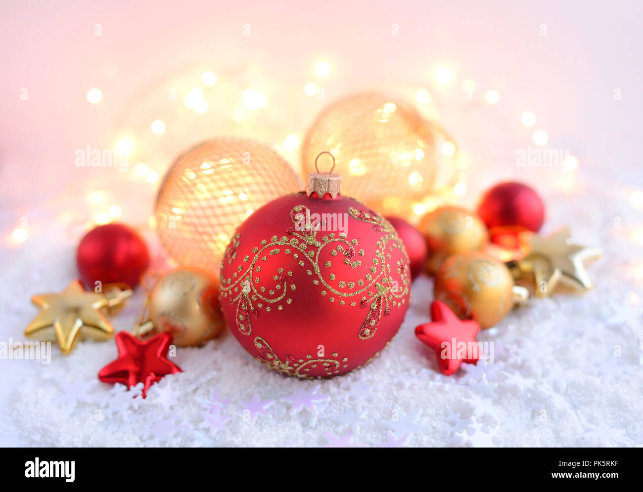 Christmas decorations on snow and Christmas lights. Festive Christmas ...