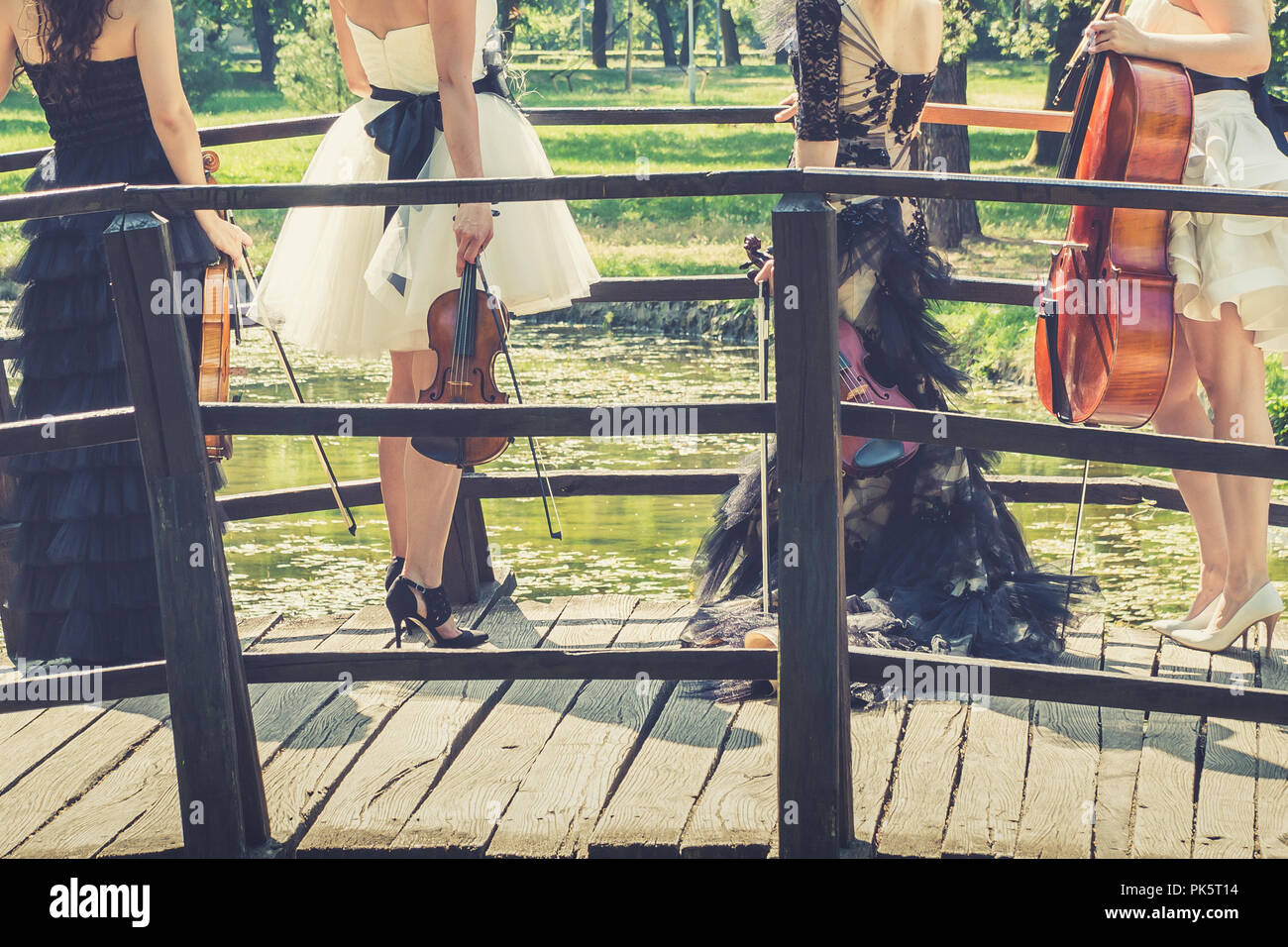 Music and nature concept. Female musical quartet with string ...