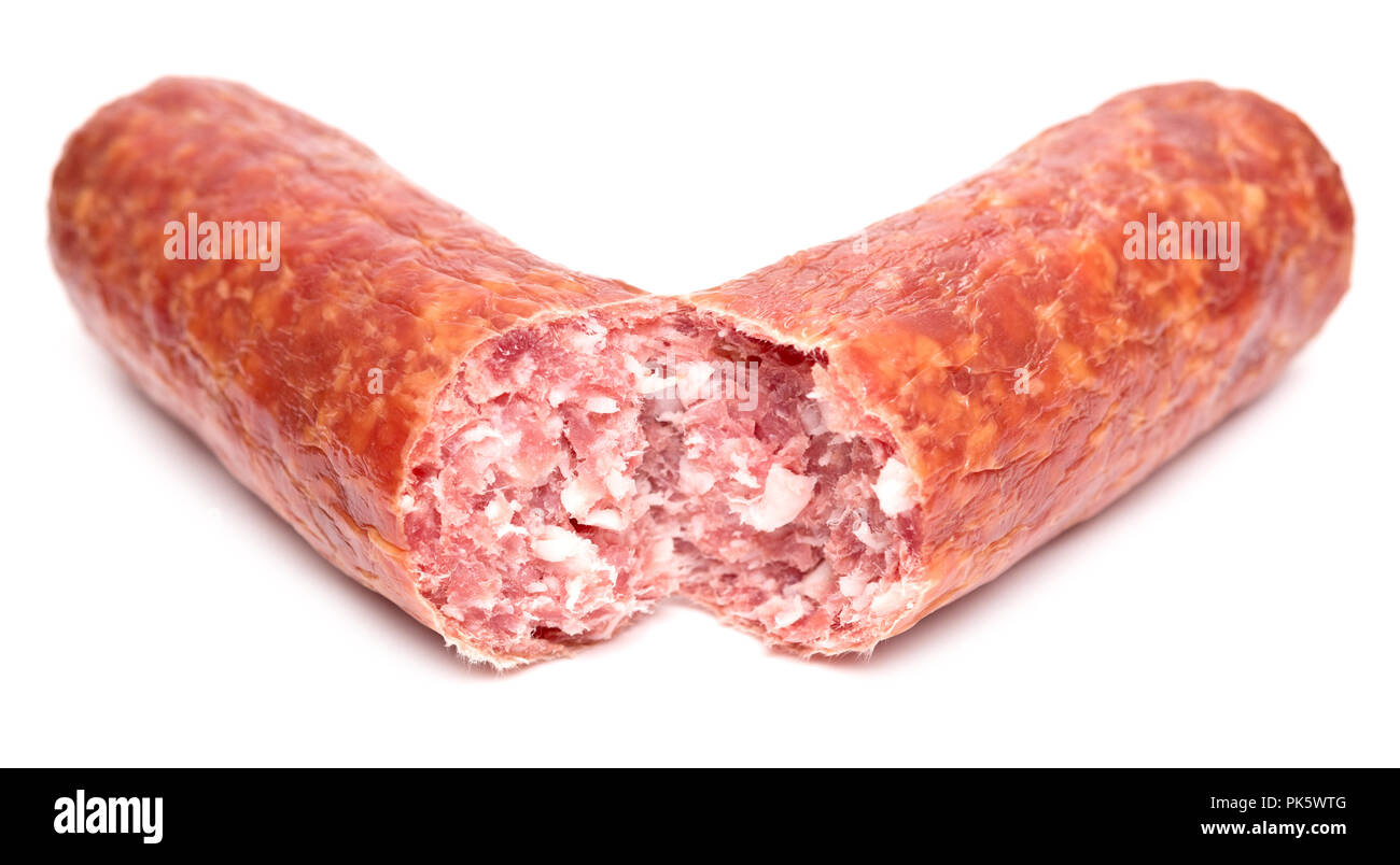 Smoked broken salami sausage isolated on white background Stock Photo ...