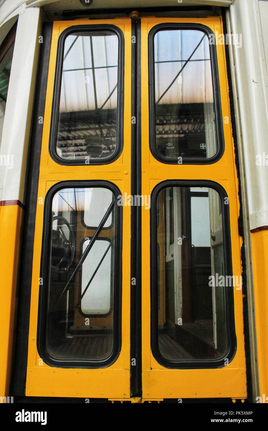 Lisbon, Portugal- June 15, 2018: Old and colorful passenger bus door at ...