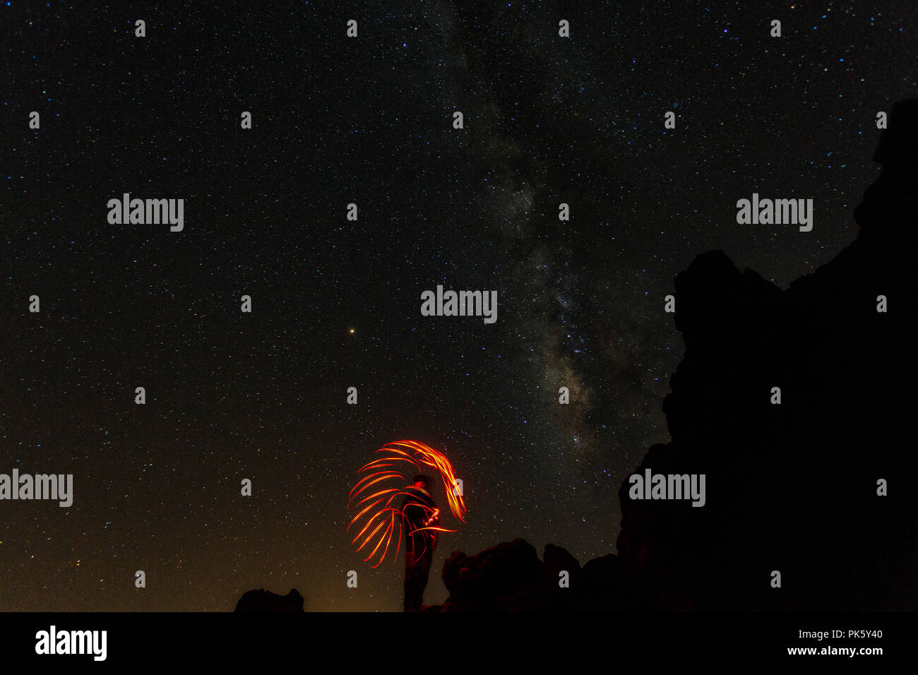 Galactic core of the milky way galaxy, and light painting, drawing with ...