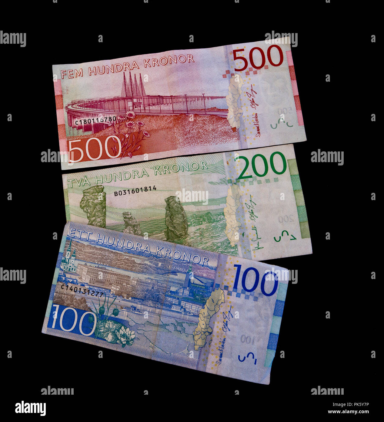 Swedish currency bank notes depicting famous Swedish landscapes on ...
