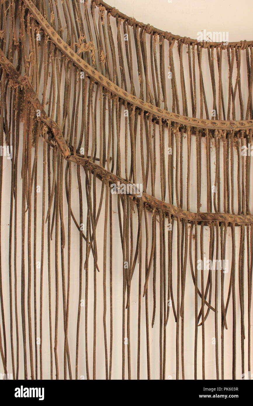 Long strips of tan leather hanging from a string on a late summer day ...