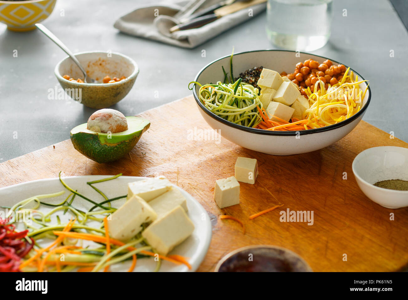 Cooking bowl buddha of spiralized vegetables. Copy space. Healthy food ...