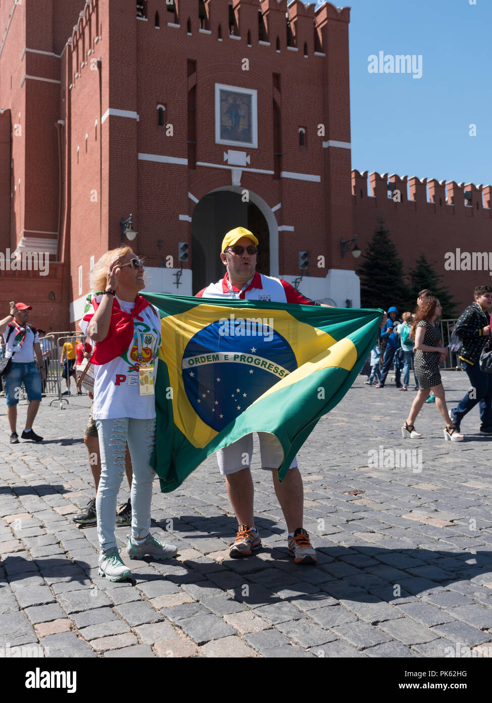 MOSCOW - JUNE 17, 2018: Soccer World Cup Fanatics of Brazil with flags ...