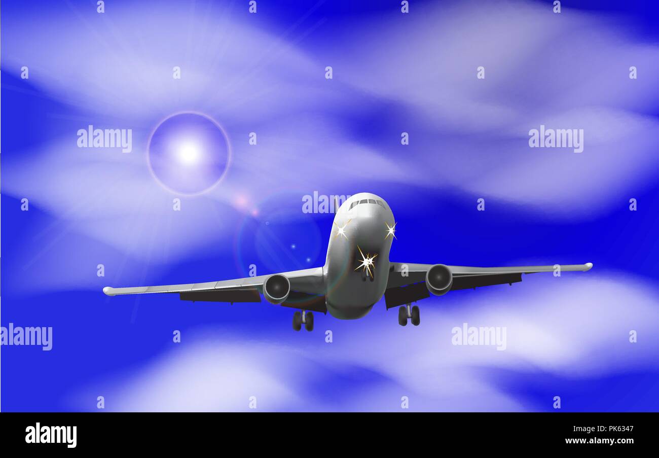 Realistic airplane on a background of blue sky with clouds Vector Stock ...