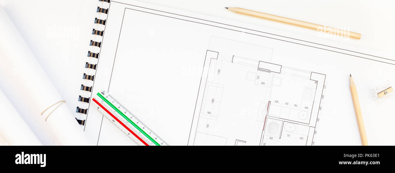 Creative flat lay long wide banner top view blueprints architectural ...