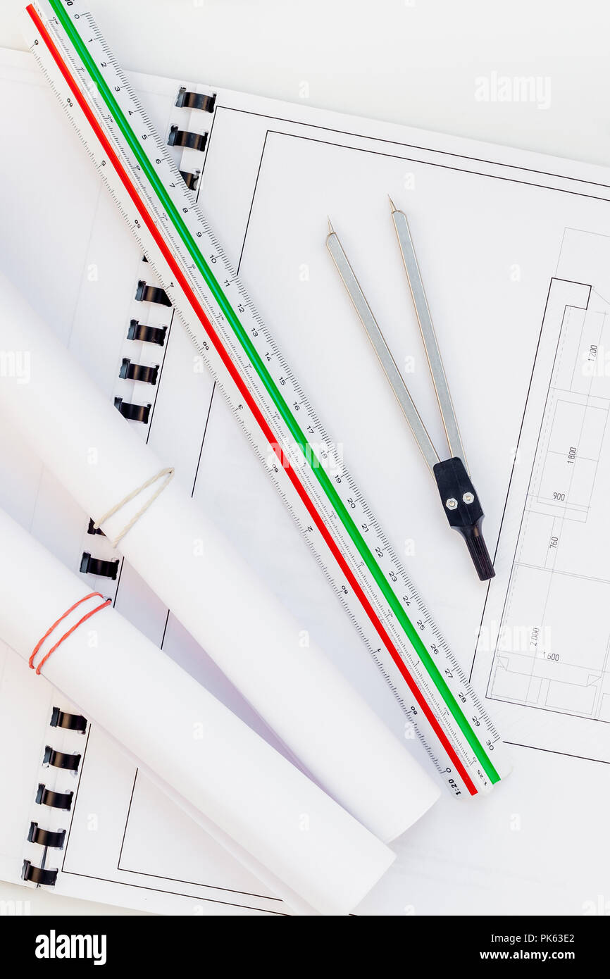 Creative flat lay overhead top view blueprints architectural flat ...