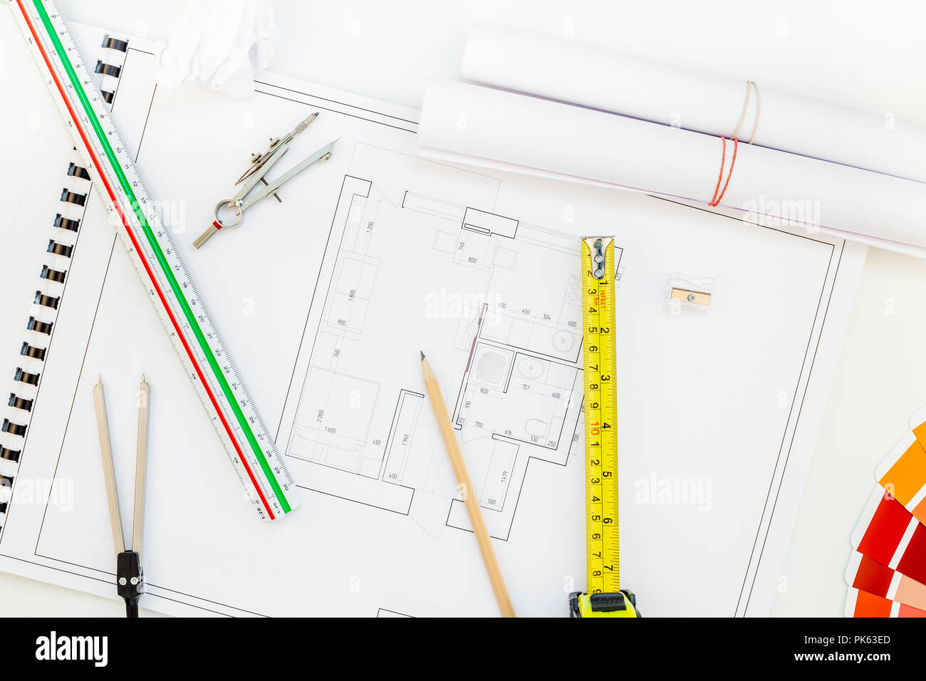 Creative flat lay overhead top view blueprints architectural flat ...