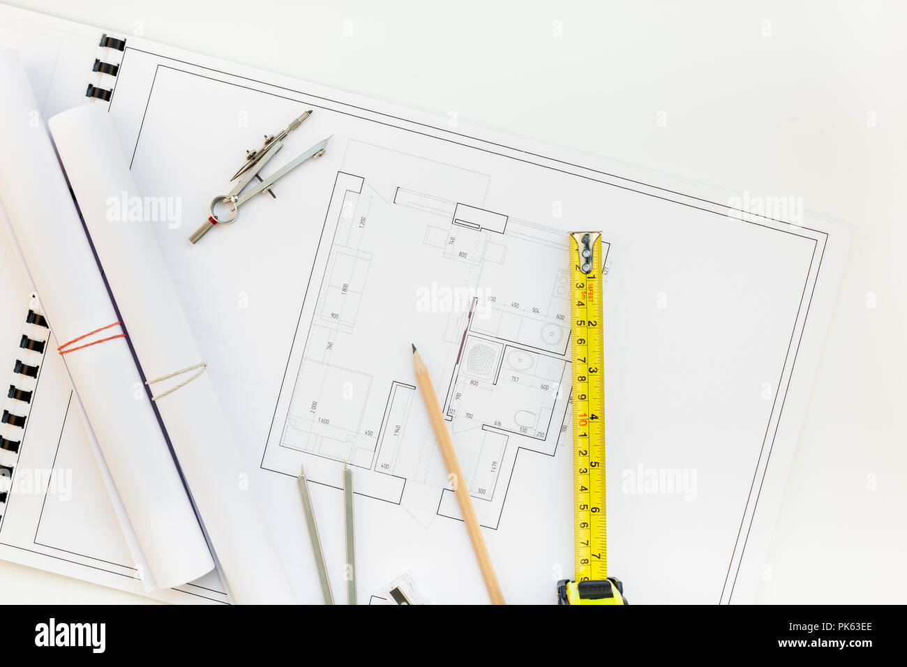 Creative flat lay overhead top view blueprints architectural flat ...