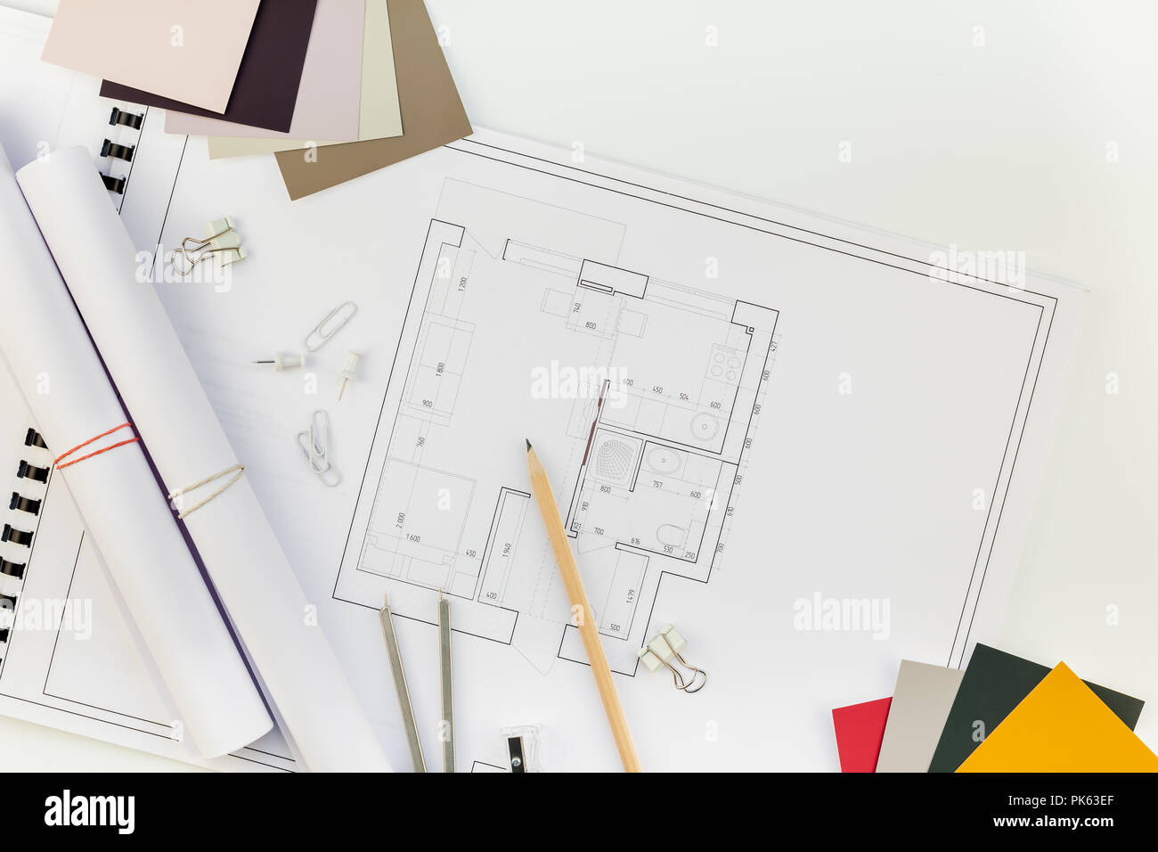 Creative flat lay overhead top view blueprints architectural flat ...