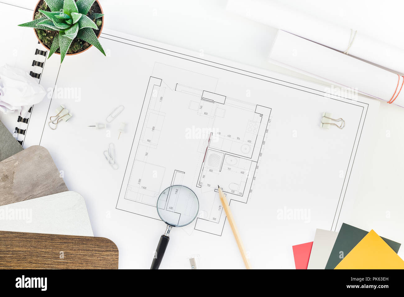 Creative flat lay overhead top view blueprints architectural flat ...