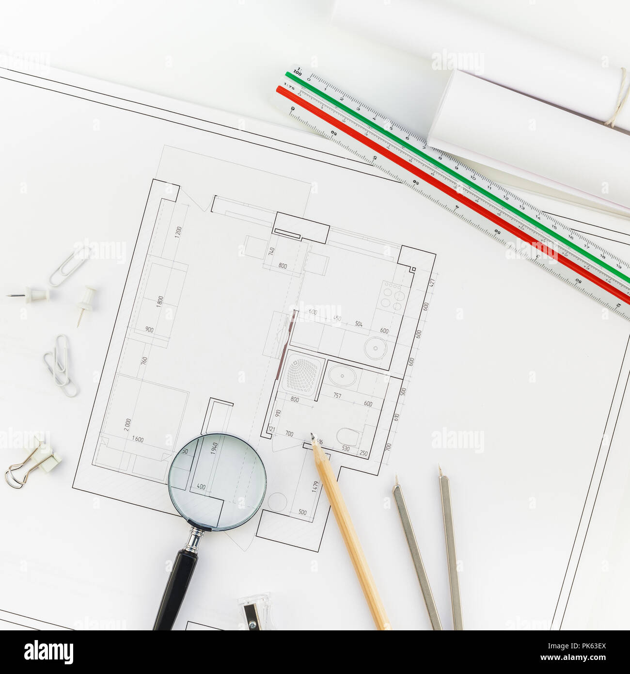 Creative flat lay overhead top view blueprints architectural flat ...