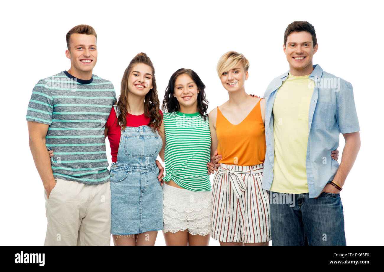 happy friends hugging over white background Stock Photo - Alamy