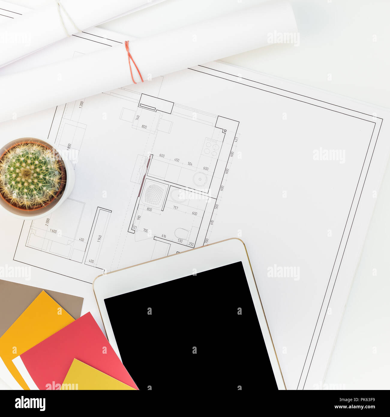 Creative flat lay overhead top view blueprints architectural flat ...