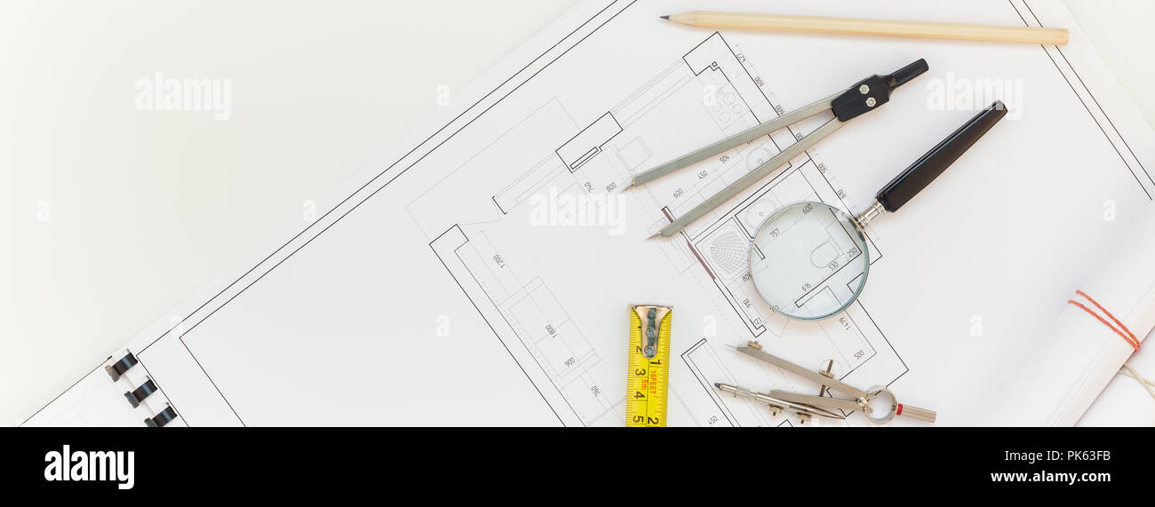 Creative flat lay long wide banner top view blueprints architectural ...