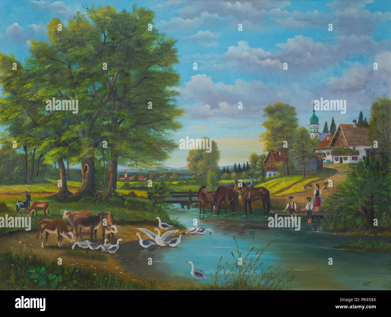 Oil Painting - A Painting of Life at the River at the Edge of a ...