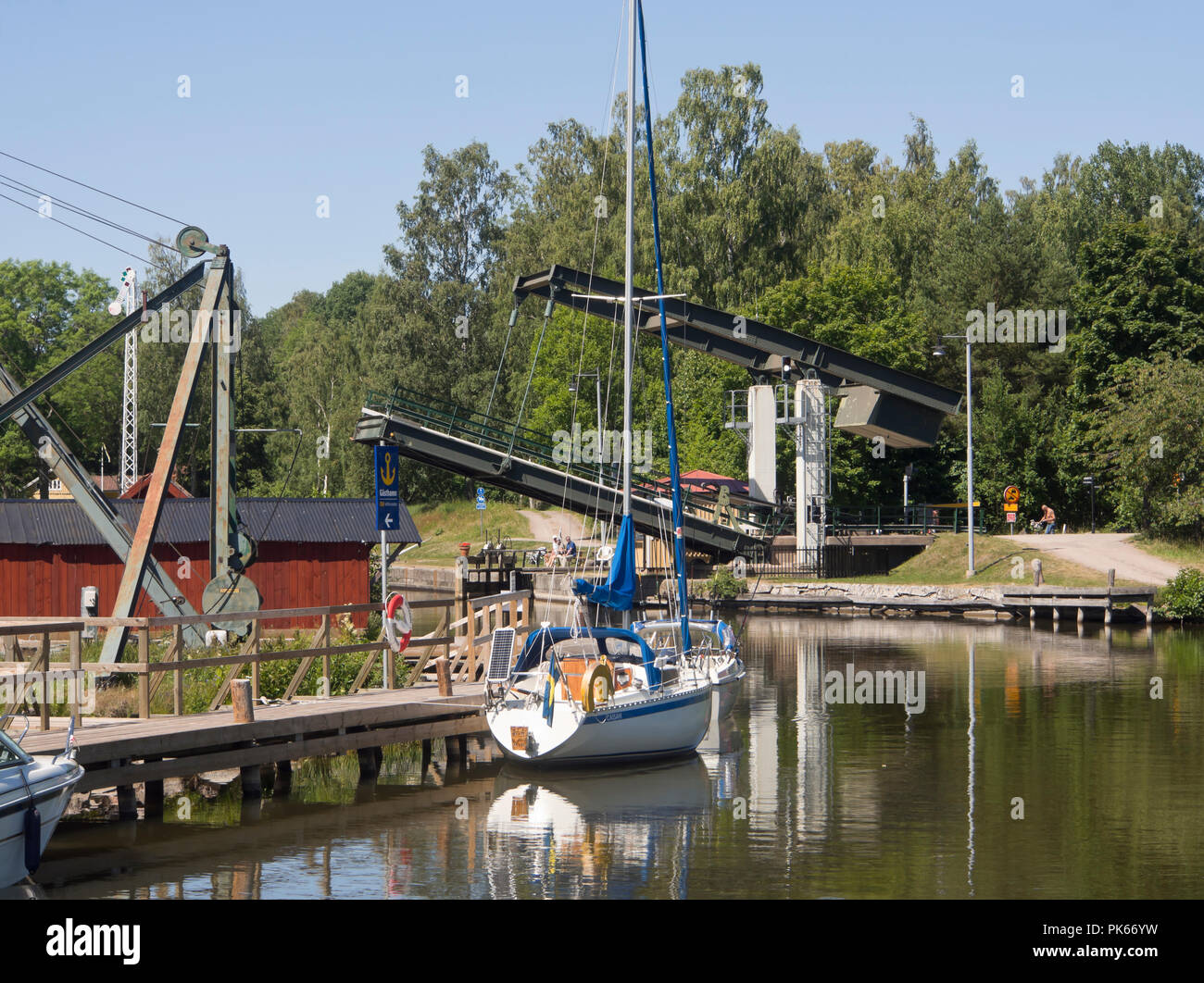 Göta kanal, boat cruise along an idyllic waterway in Sweden, locks ...