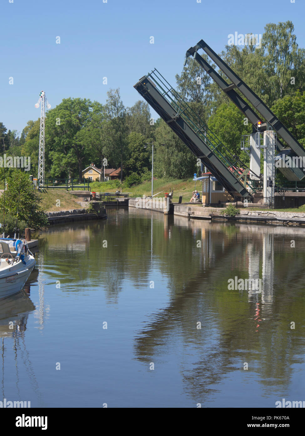 Göta kanal, boat cruise along an idyllic waterway in Sweden, locks and ...