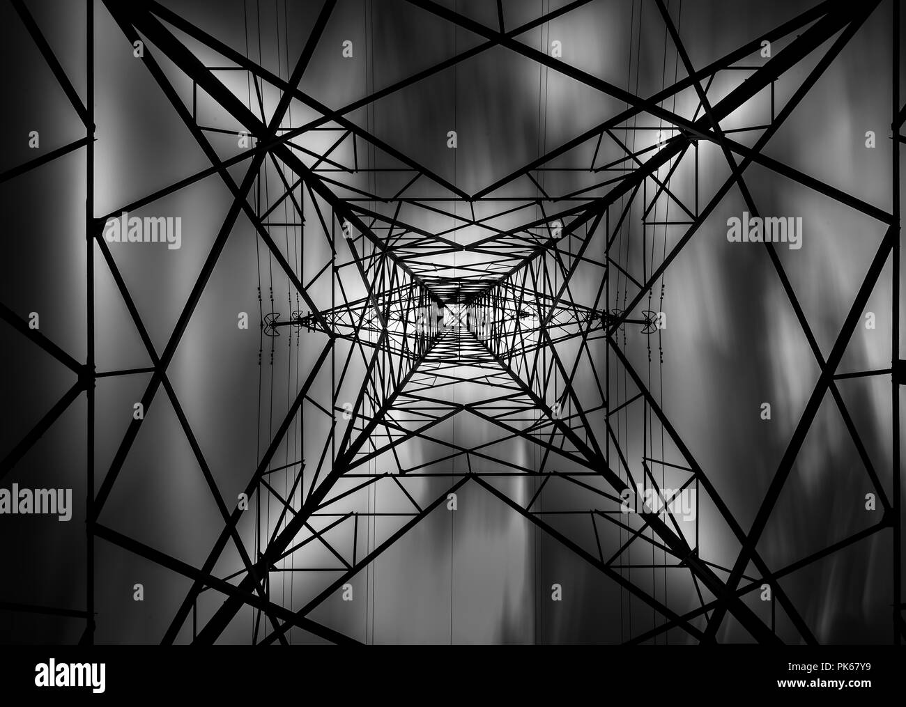 Web of Power, Electricity Pylon, abstract black and white Stock Photo ...