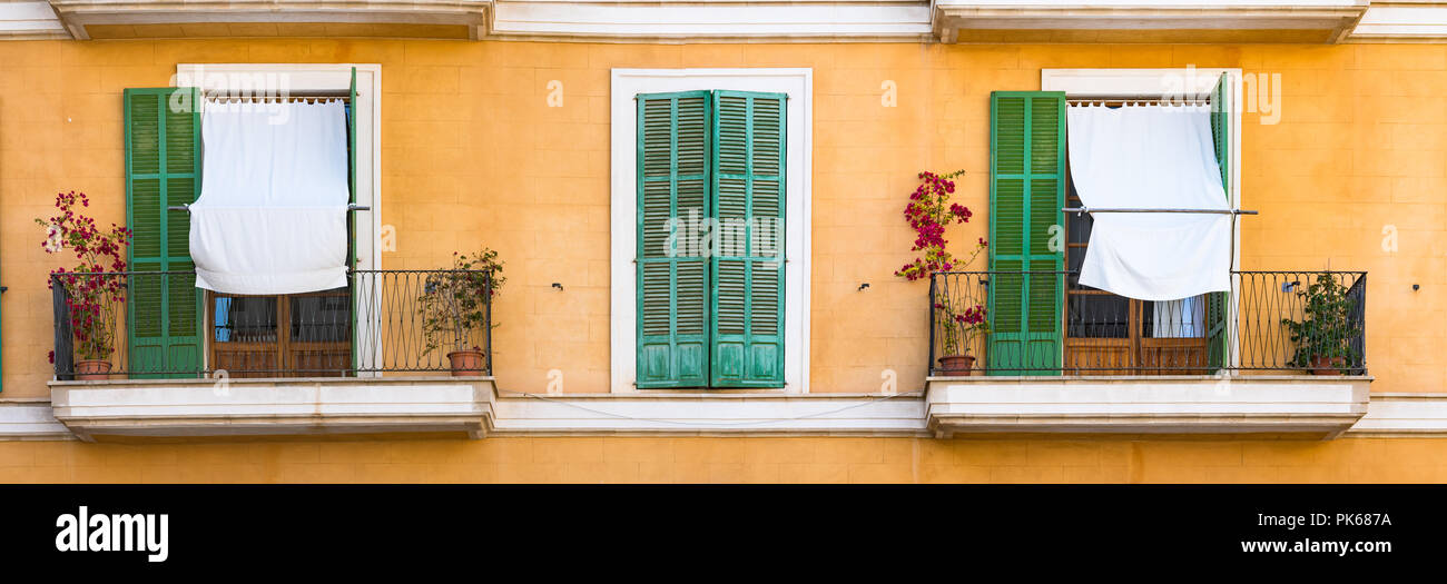 Panoramic view of mediterranean house balcony at historic city center ...