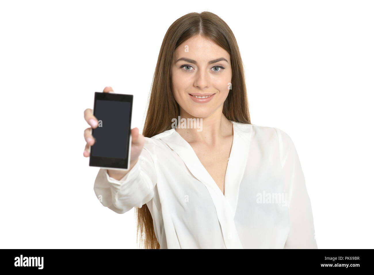 Beautiful woman with smartphone on white background Stock Photo - Alamy