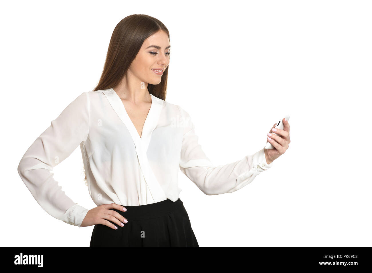 Beautiful woman with smartphone on white background Stock Photo - Alamy