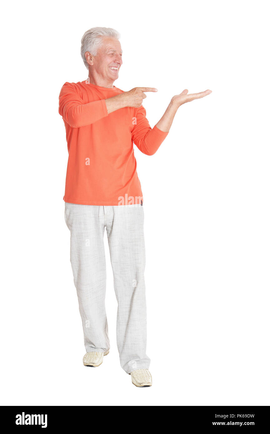happy senior man in shirt on white background Stock Photo - Alamy