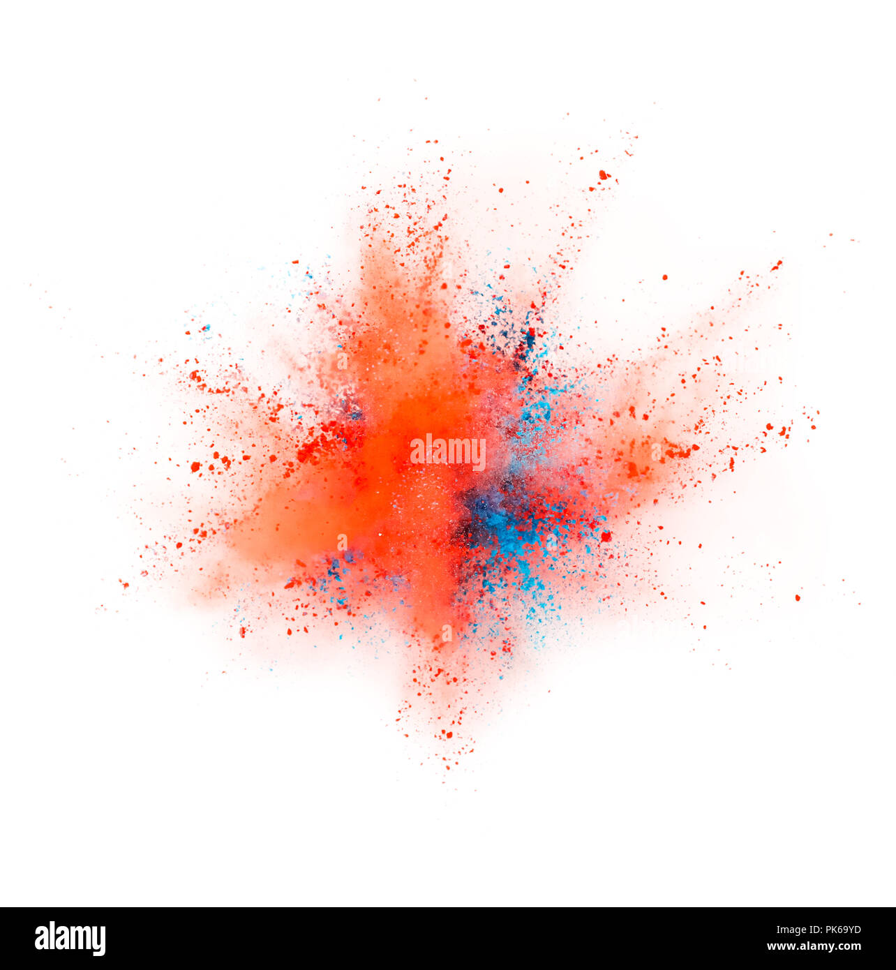 Explosion of coloured powder isolated on white background. Abstract ...