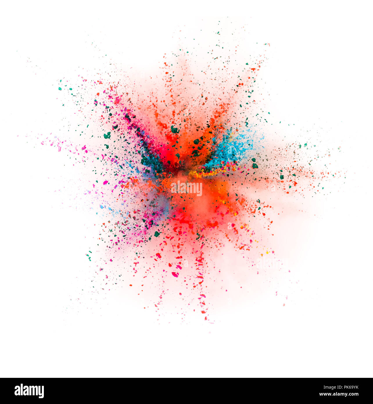 Explosion of coloured powder isolated on white background. Abstract ...