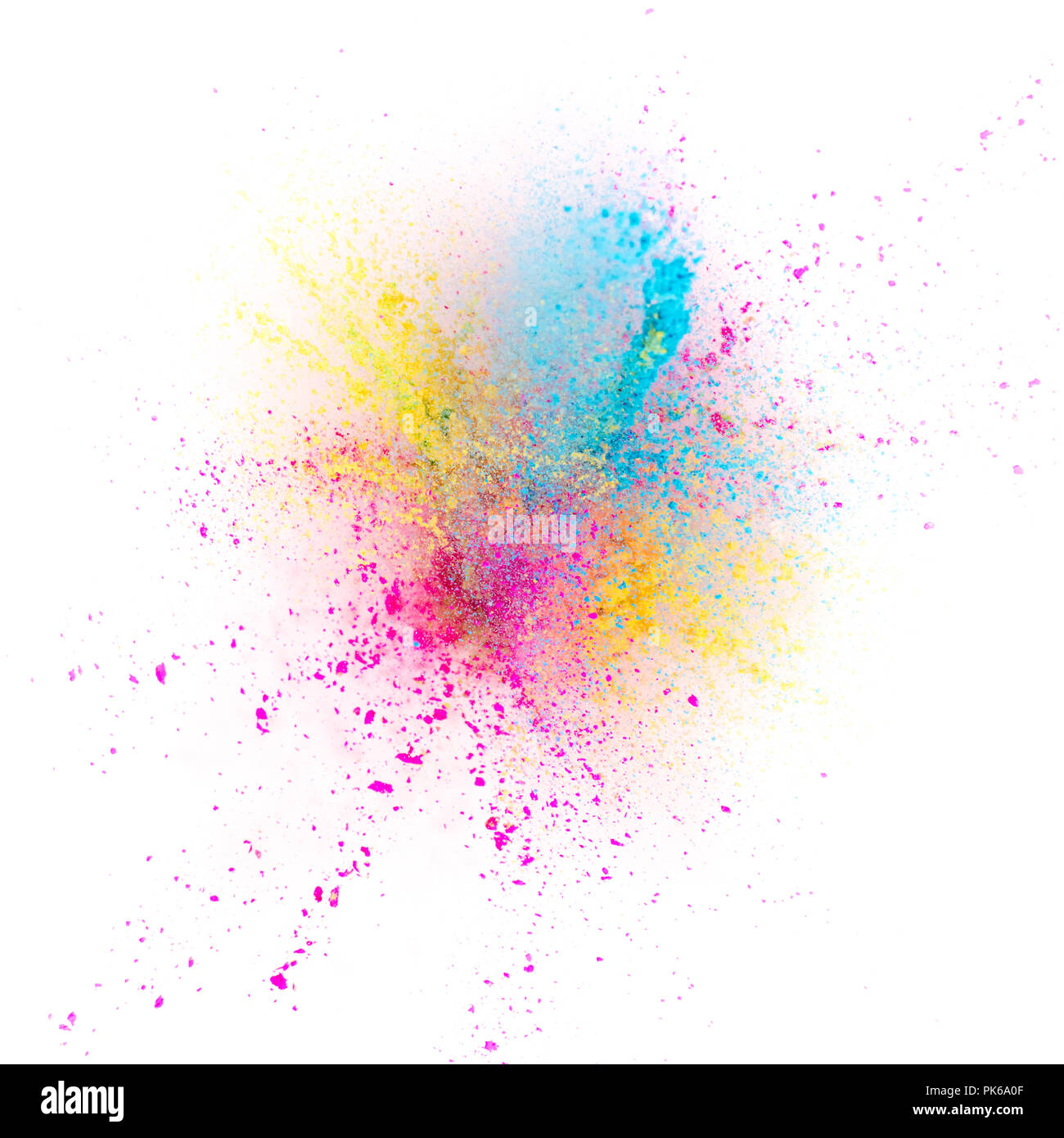 Explosion of coloured powder isolated on white background. Abstract ...