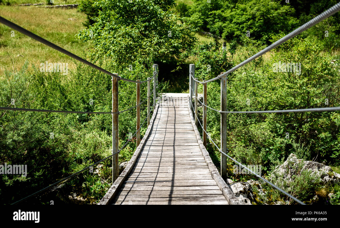 Wooden hanging bridge leading forward over green mountain river ...