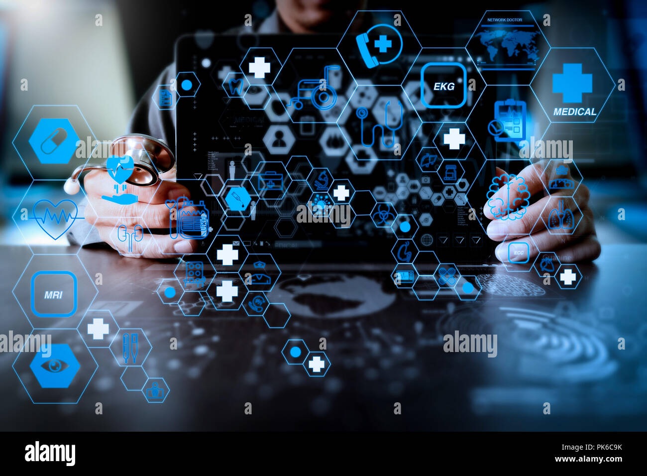 Health care and medical technology services concept with flat line AR ...