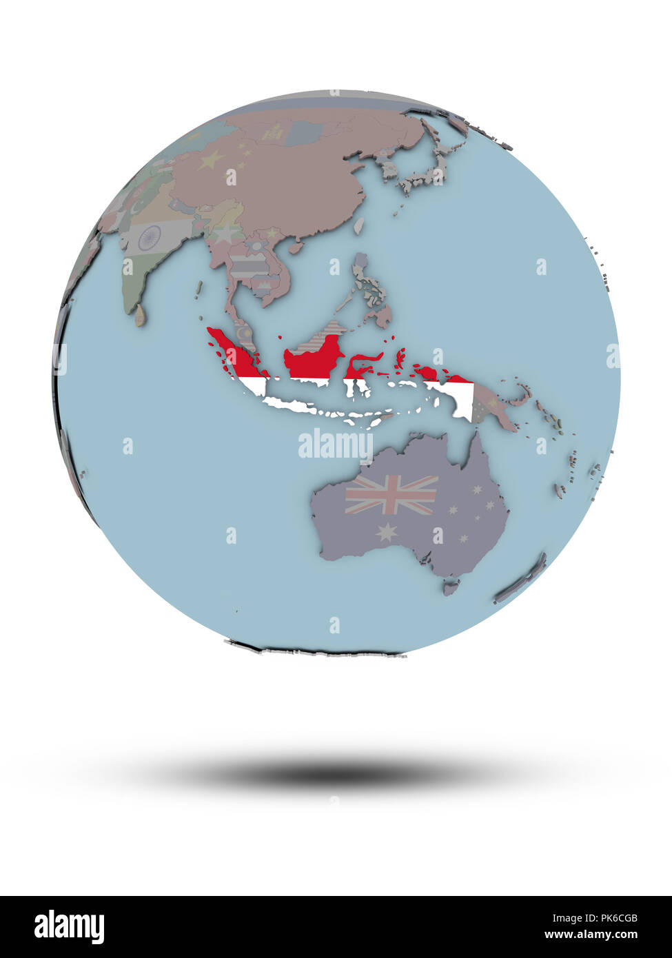 Indonesia with national flag on political globe with shadow isolated on ...