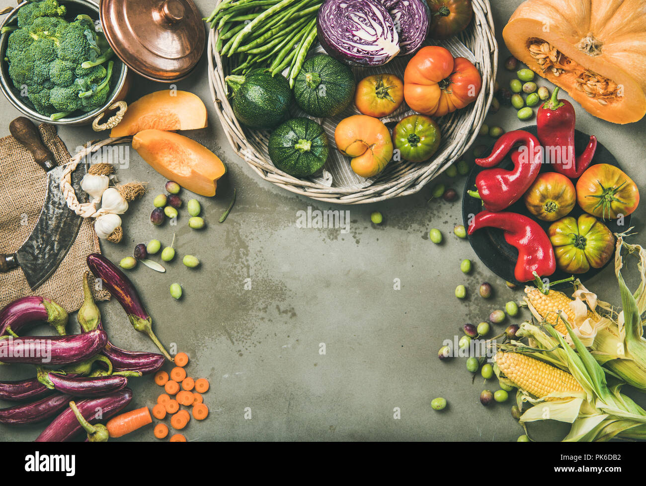 Healthy vegetarian seasonal Fall food cooking background. Flat-lay of ...