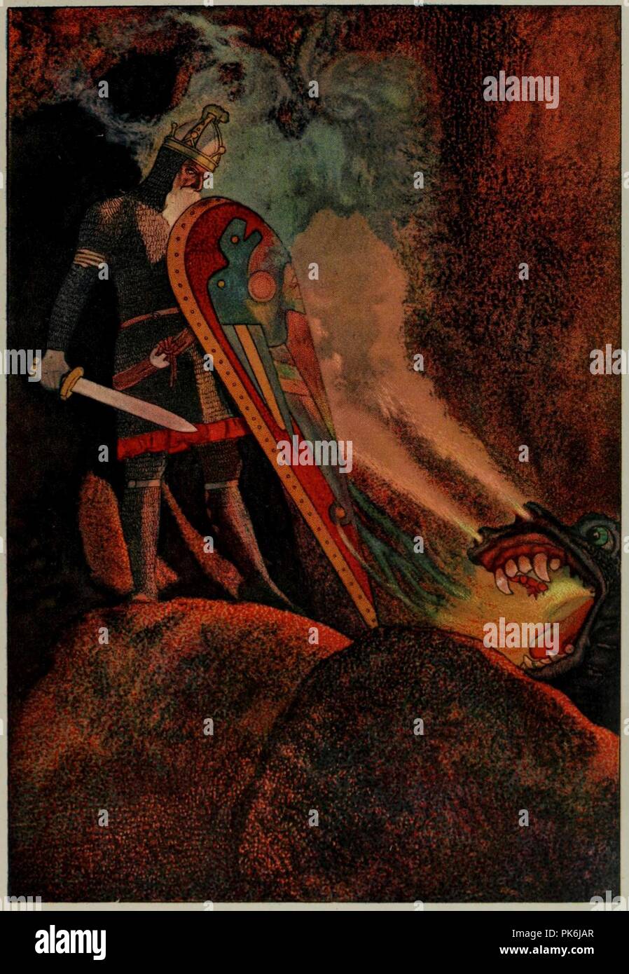 Beowulf face to face with fire-breathing Dragon Stock Photo - Alamy