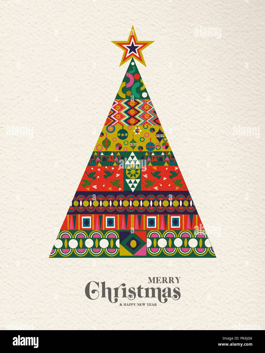 Merry Christmas and Happy New Year holiday folk art card illustration ...