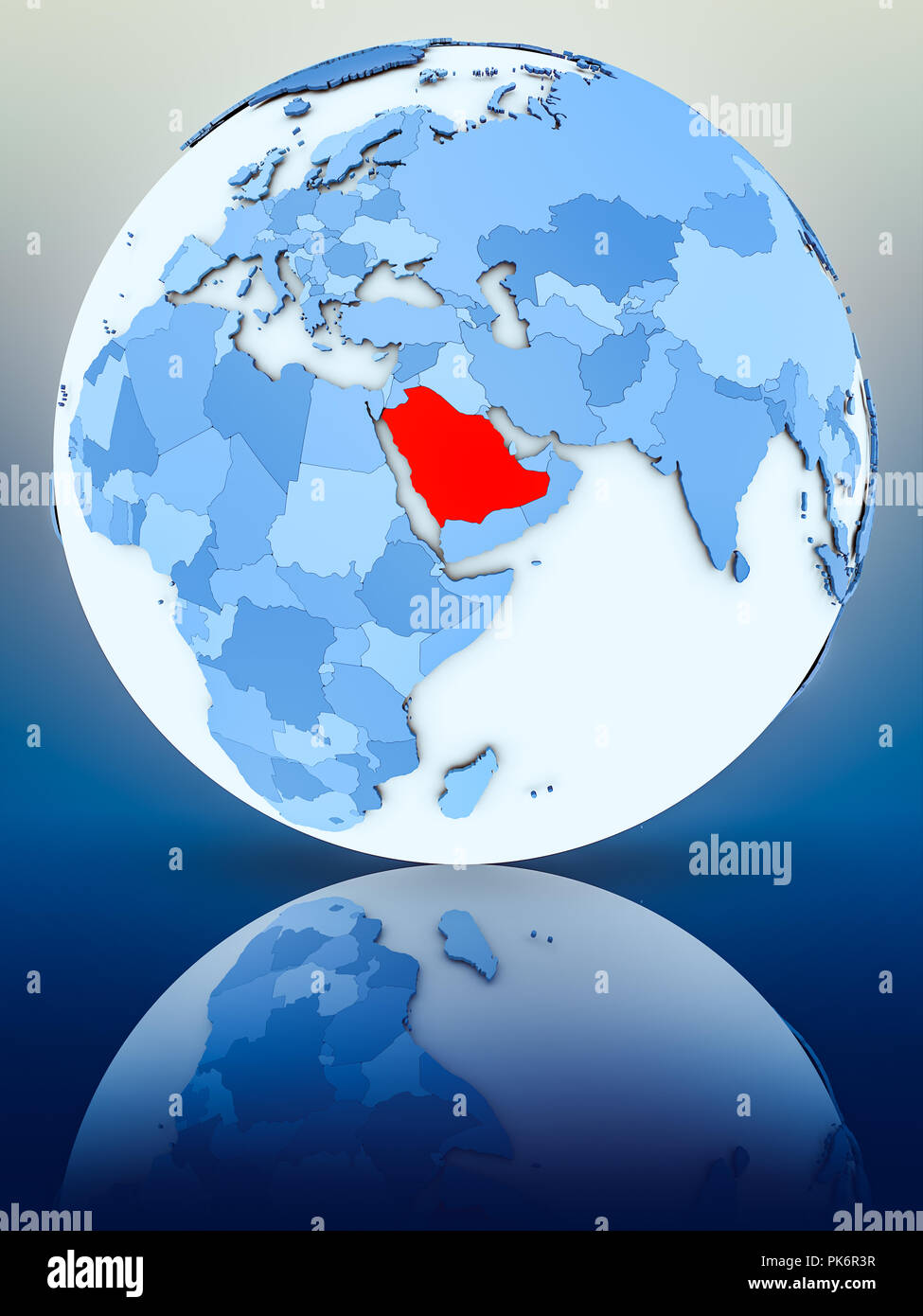 Saudi Arabia on blue globe on reflective surface. 3D illustration Stock ...