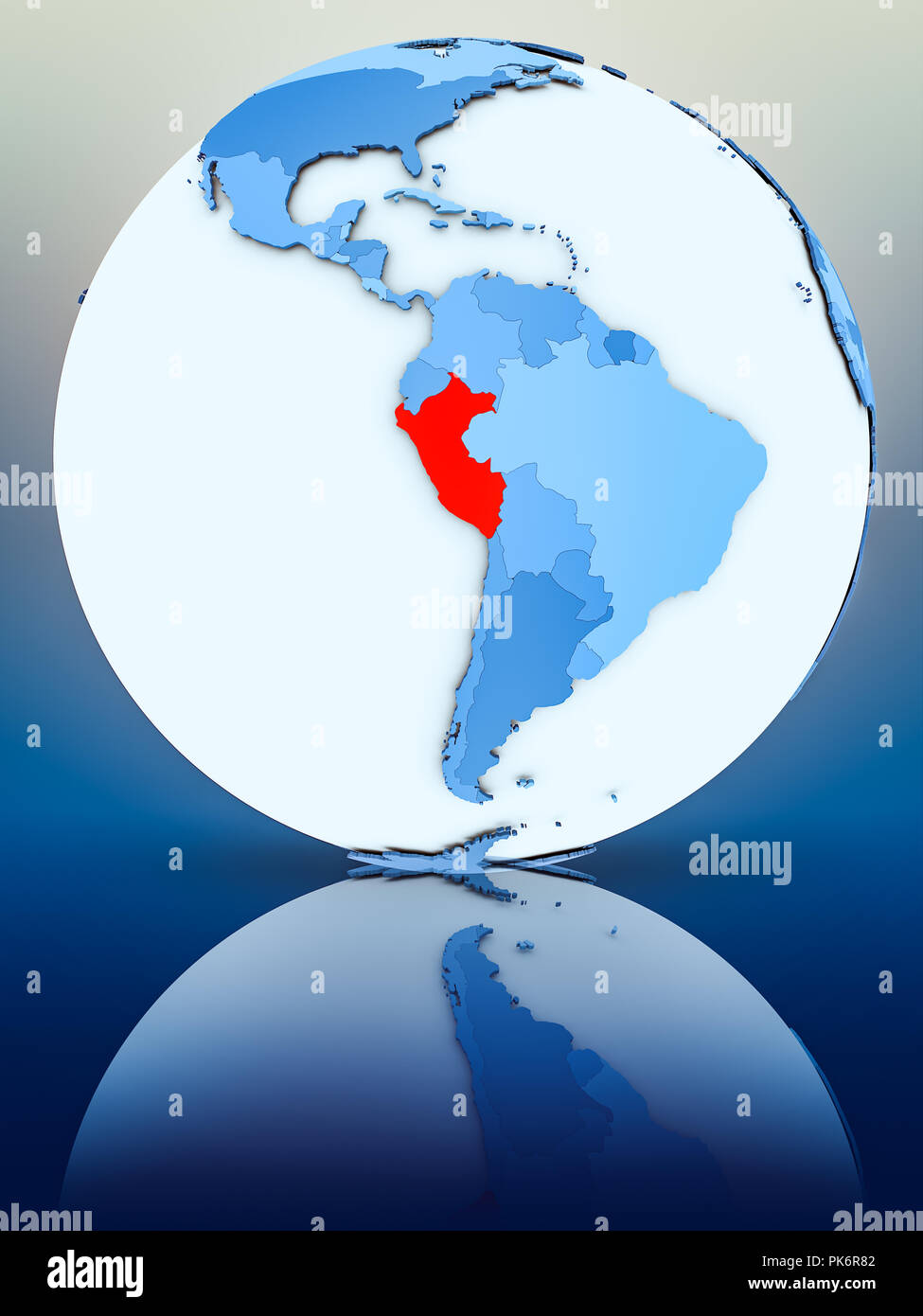 Peru on blue globe on reflective surface. 3D illustration Stock Photo ...