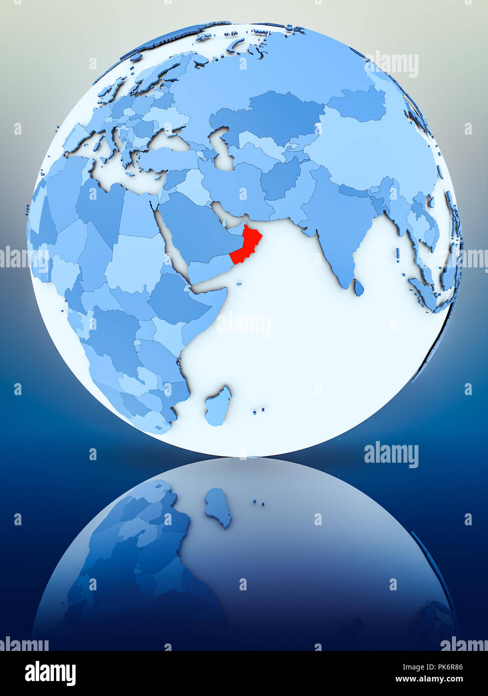Oman on blue globe on reflective surface. 3D illustration Stock Photo ...