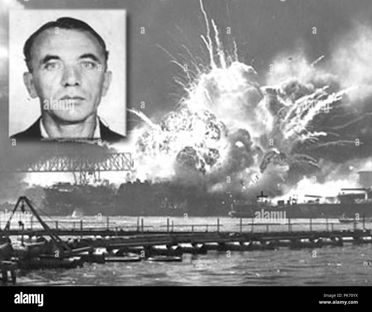 Bernard Julius Otto Kuehns mug shot superimposed over USS SHAW ...