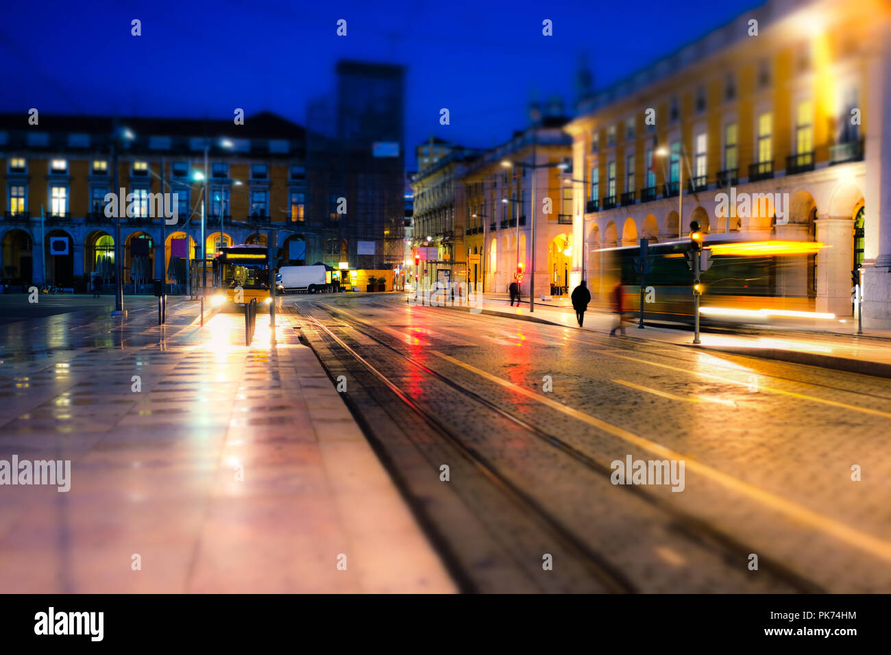 Old European city street and night traffic light, Lisbon, Portugal ...