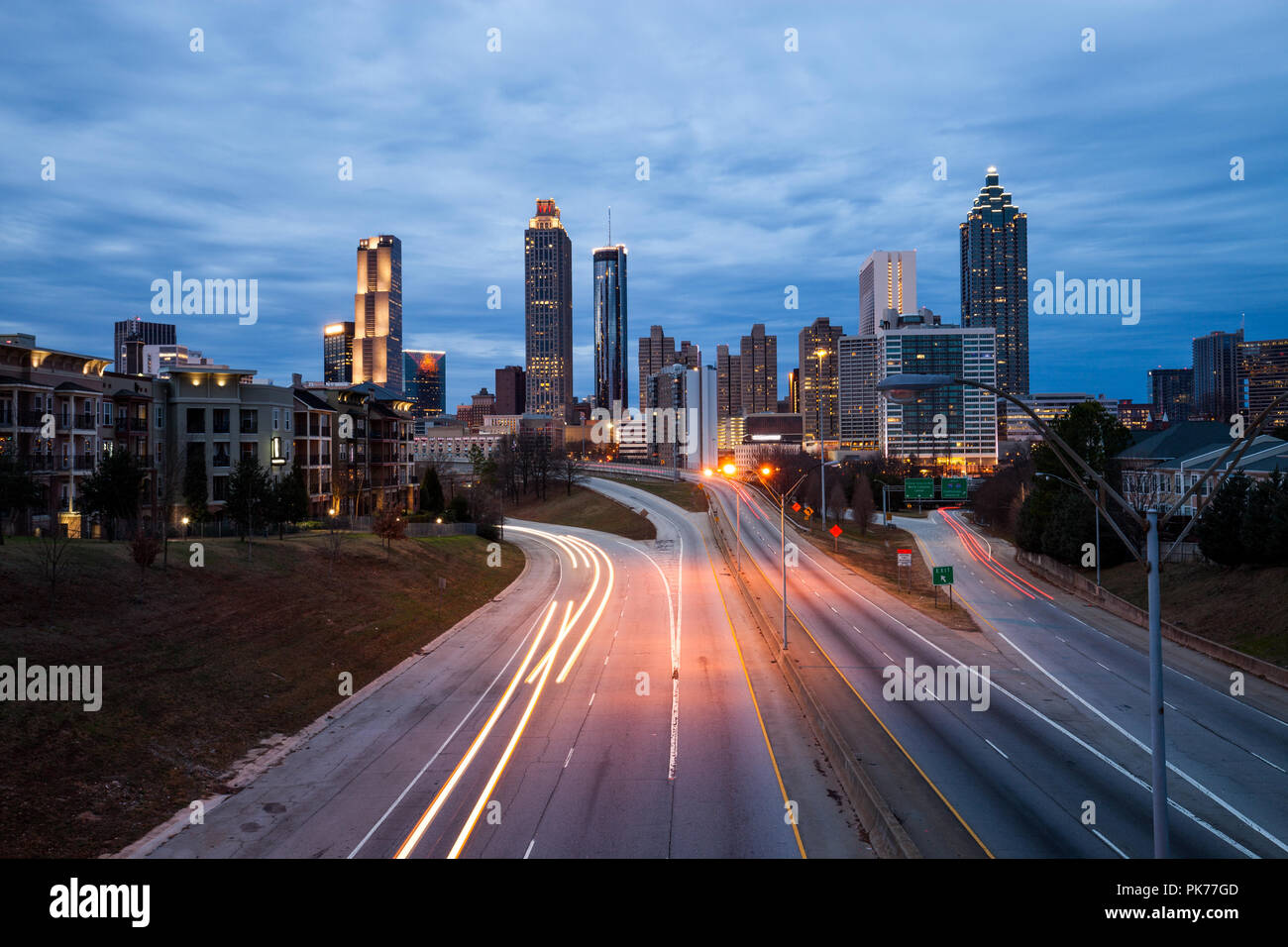 Atlanta downtown modern city night skyline over the interstate, Georgia ...
