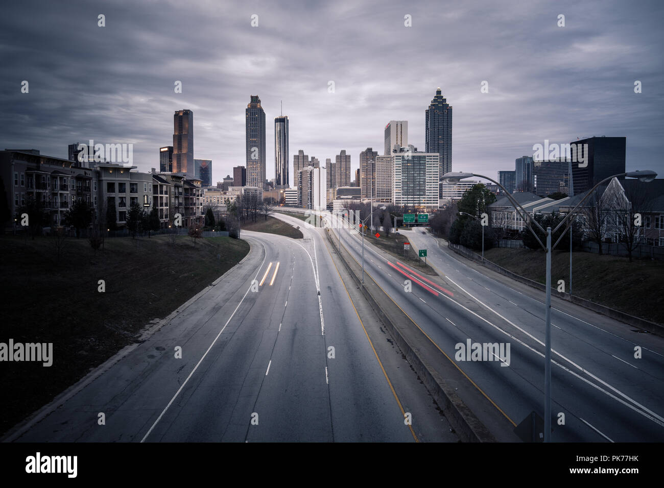 Atlanta downtown modern city night skyline over the interstate, Georgia ...