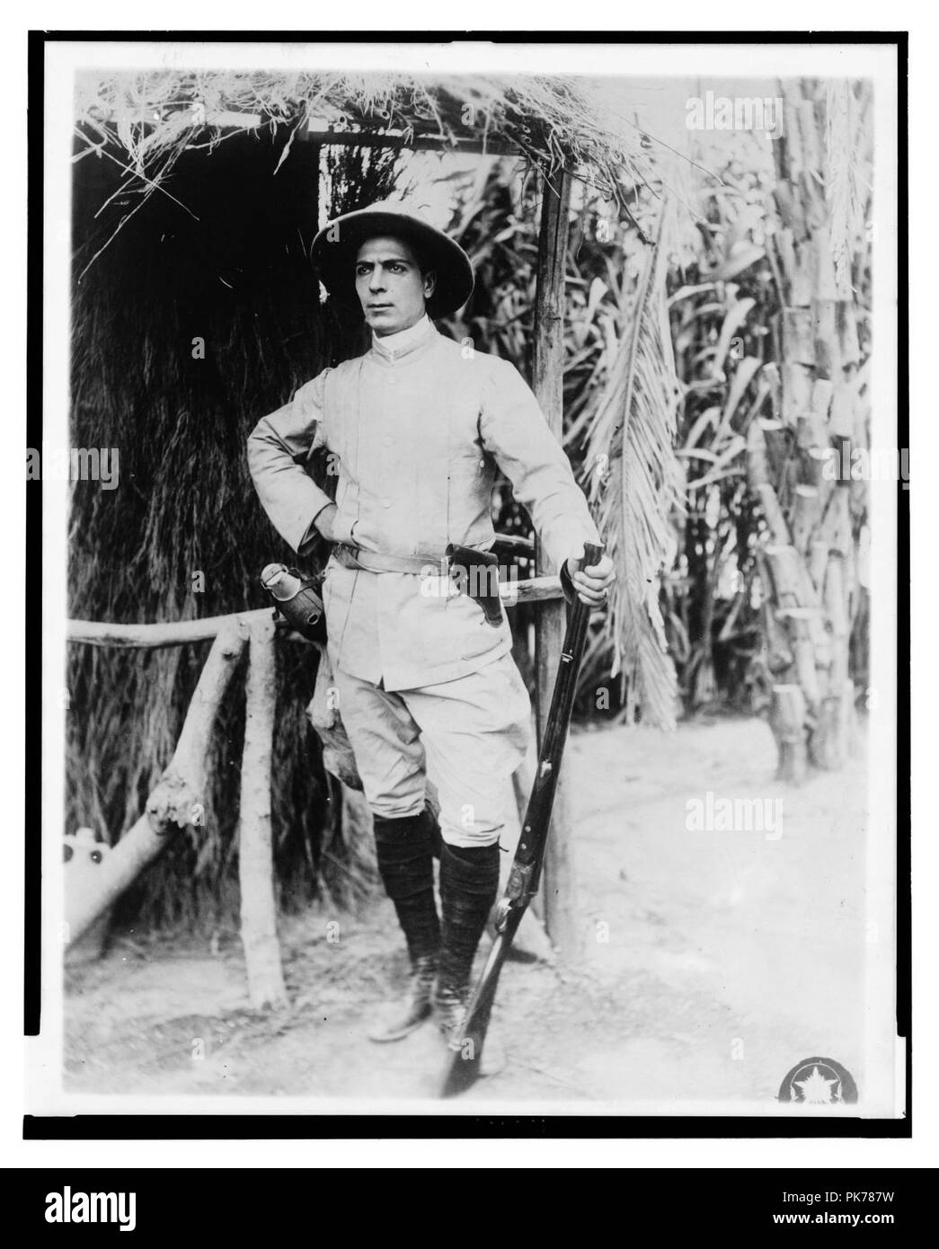 Between savage and tiger. Man in khaki hunting costume with gun in left ...