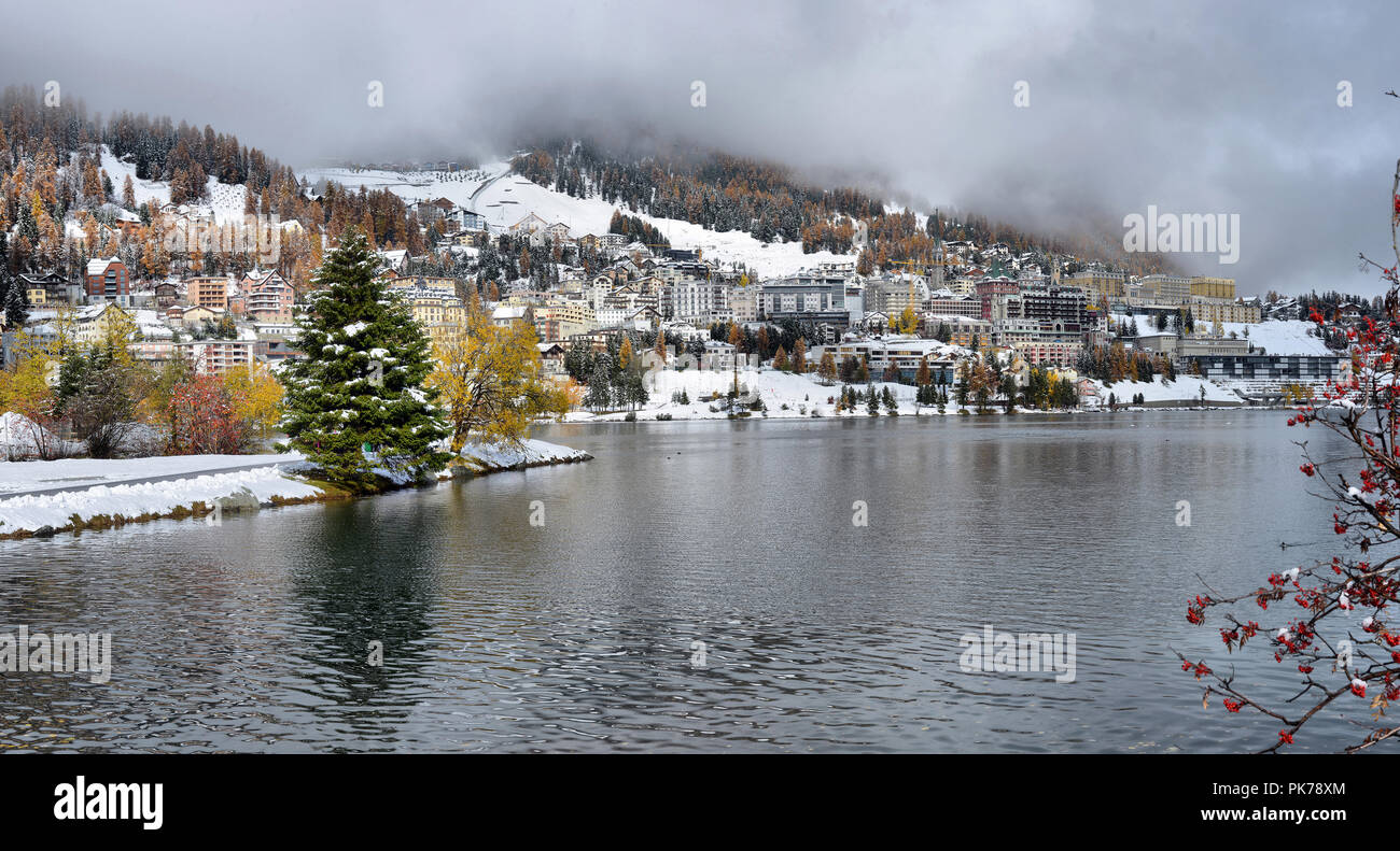 Lake St. Moritz with the first snow in the autumn Stock Photo - Alamy