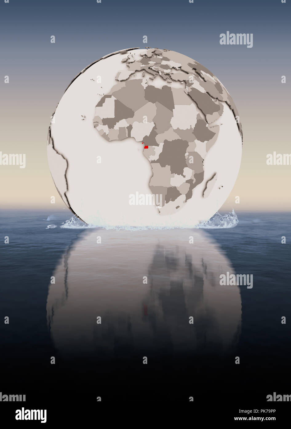 Equatorial Guinea In red on globe floating in water. 3D illustration ...